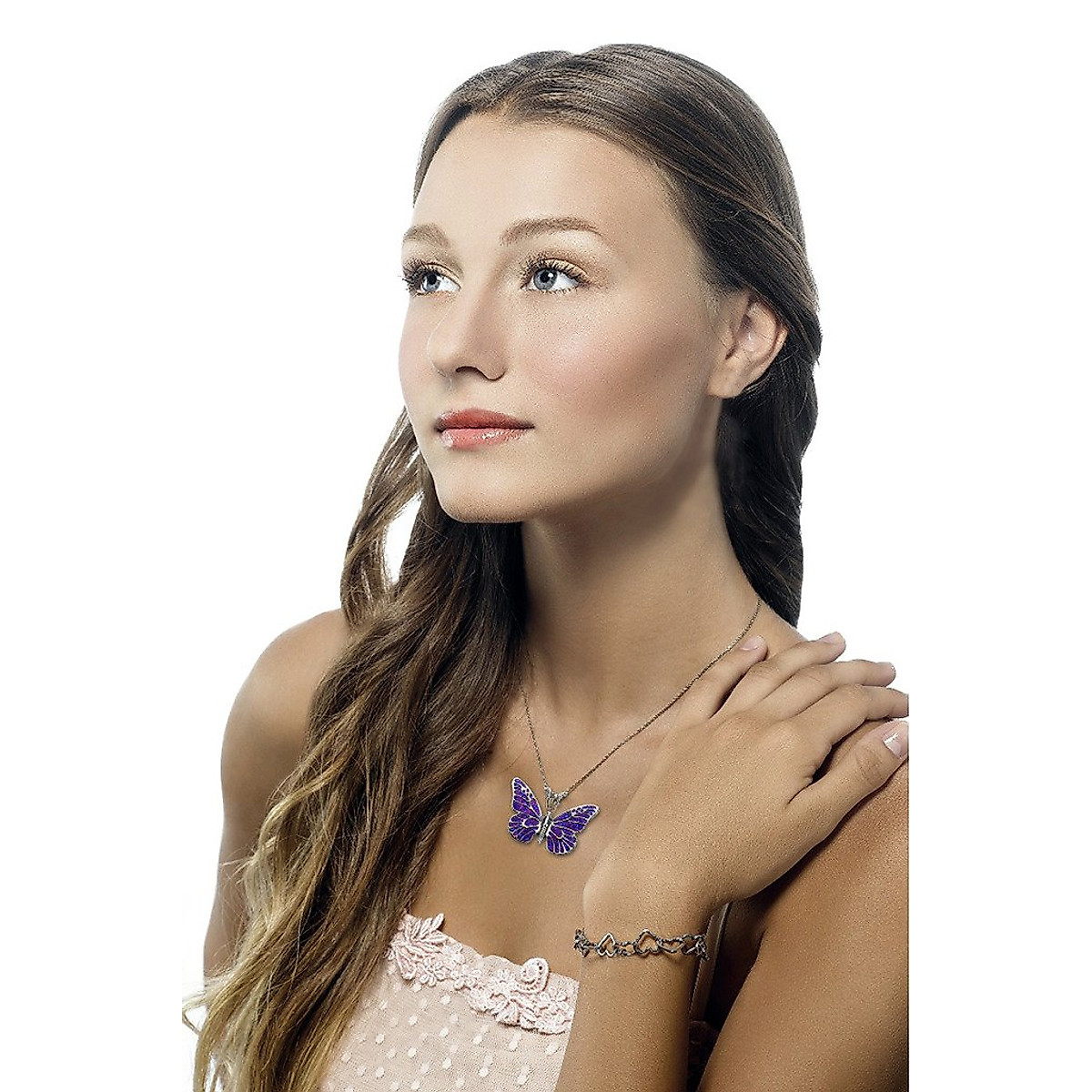 925 Sterling Silver Butterfly Necklace Pendant Purple Polymer Clay Handmade Jewelry, 16.5"