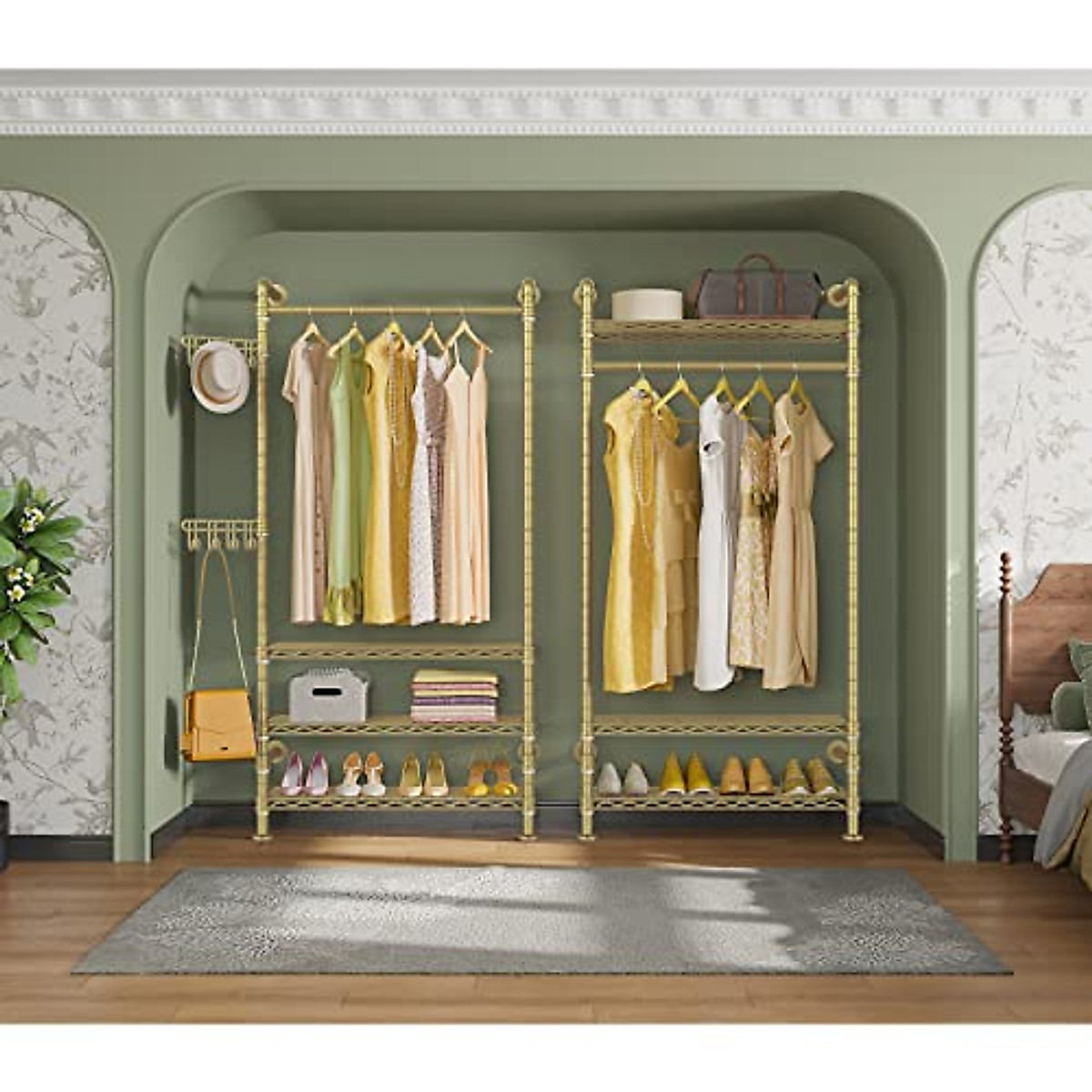 Timate F1 Pipe Clothes Rack Wall Mount Heavy Duty Closet Organizer System Hanging Closet Rack for Clothes, Closet Kit Walk in Closet Systems, Adjustable Storage Closet Shelves Wardrobe Closet, Gold