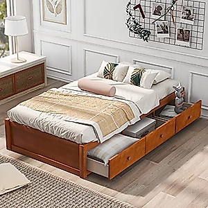 Twin Size Bed with 3 Storage Drawers, Solid Wooden Twin Platform Bed with Support Slats, Twin Bed Frame for Kids Teens, No Box Spring Needed (Twin, Oak)