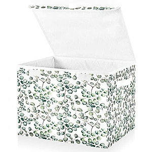 Quteprint Storage Bins with Lid, Eucalyptus Green Leaves Plant Storage Box Organizer Toys Bedroom Nursery, 16.5"x12.6"x11.8" Large Collapsible Storage Cube for Home Office Closet Shelf