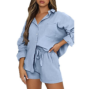 Trendy Queen Two Piece Sets For Women Summer Short Sets Beach Vcation Lounge Pajama 2 Piece Spring Outfits Fashion 2025 SkyBlue S