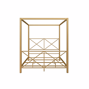 DHP Rosedale Metal Canopy Bed Frame with Four Poster Design and Geometric Accented Headboard and Footboard, Underbed Storage Space, Queen, Gold