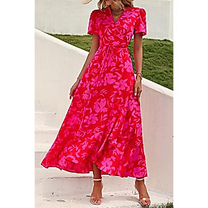 PRETTYGARDEN Women's Summer Wrap Maxi Dress Casual Boho Floral V Neck Short Sleeve Ruffle Hem Split Beach Long Dresses (Red Floral,X-Large)