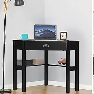 Corner Desk Corner Computer Desk with Drawer for Small Space Makeup Vanity Desk 90 Degrees Triangle Corner Desk with Storage Shelves, Home Office Workstation for Living Room, or Bedroom (Black)