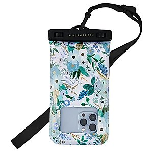 Rifle Paper Co. IP68 Floating Waterproof Phone Pouch / Case (Regular Size) Floating Waterproof Phone Case - iPhone 14 Pro Max/ 13 Pro Max/ 12 Pro Max/ 11/ S23 - Detachable Lanyard - Garden Party Blue