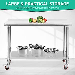 TrailBlaze Stainless Steel Work Table, 60x24x35 In Metal Trolley Heavy Duty Double Tier Worktable With Casters Backsplash, Food Prep Stainless Steel Table for Kitchen Restaurant Commercial Workstation
