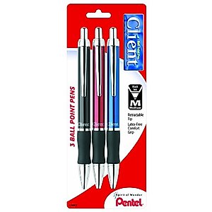 Pentel Client Retractable Ballpoint Pen, Assorted Barrel Colors, Black Ink, Medium Point, 3 Pack (BK910BP3M)