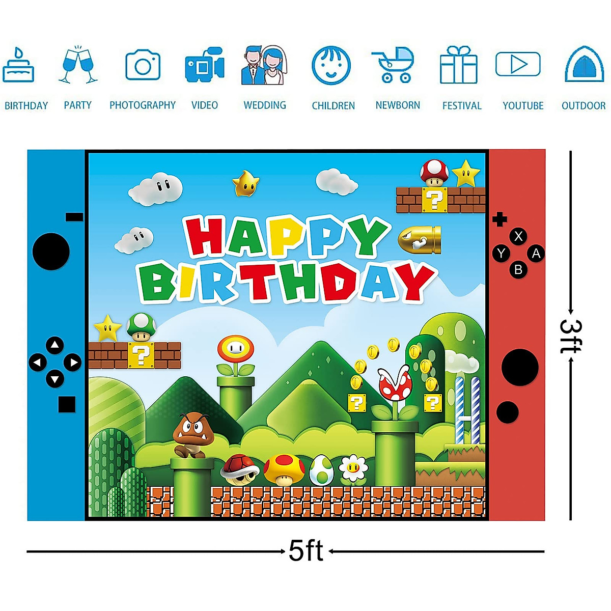 Adventure Video Game Happy Birthday Backdrop for Children Boys Happy Birthday Party Decor Supplies Kids Shoot Props Cake Table Decor Supplies 5x3ft