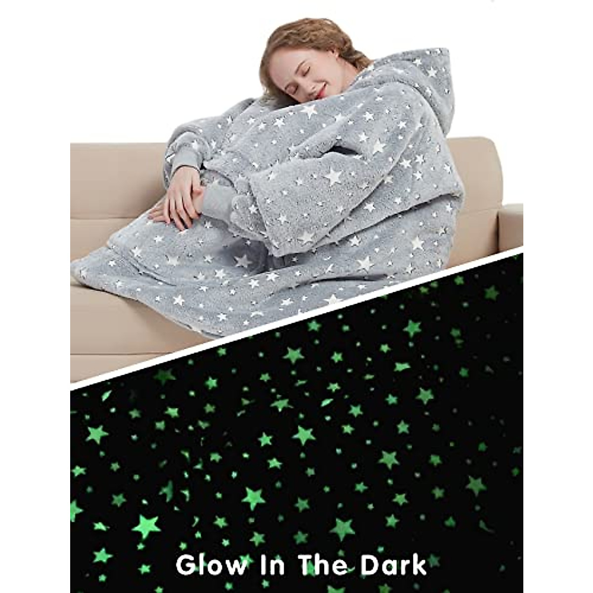 Wearable Blanket Hoodie Oversized Sherpa Blanket SweatshirtFlannel Blanket with Large Pocket Gift for Women Glow in the Dark Cute Star