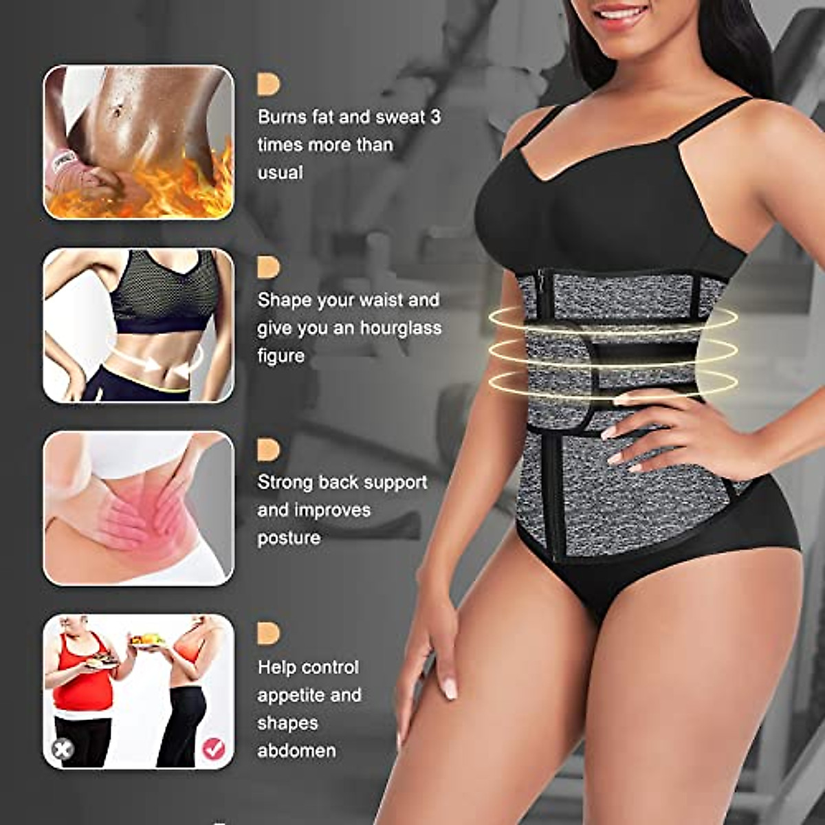 FeelinGirl Women's Neoprene Workout Top Shirt Waist Trainer Corset Trimmer Belt Body Shaper Cincher Zipper Slimming L Grey