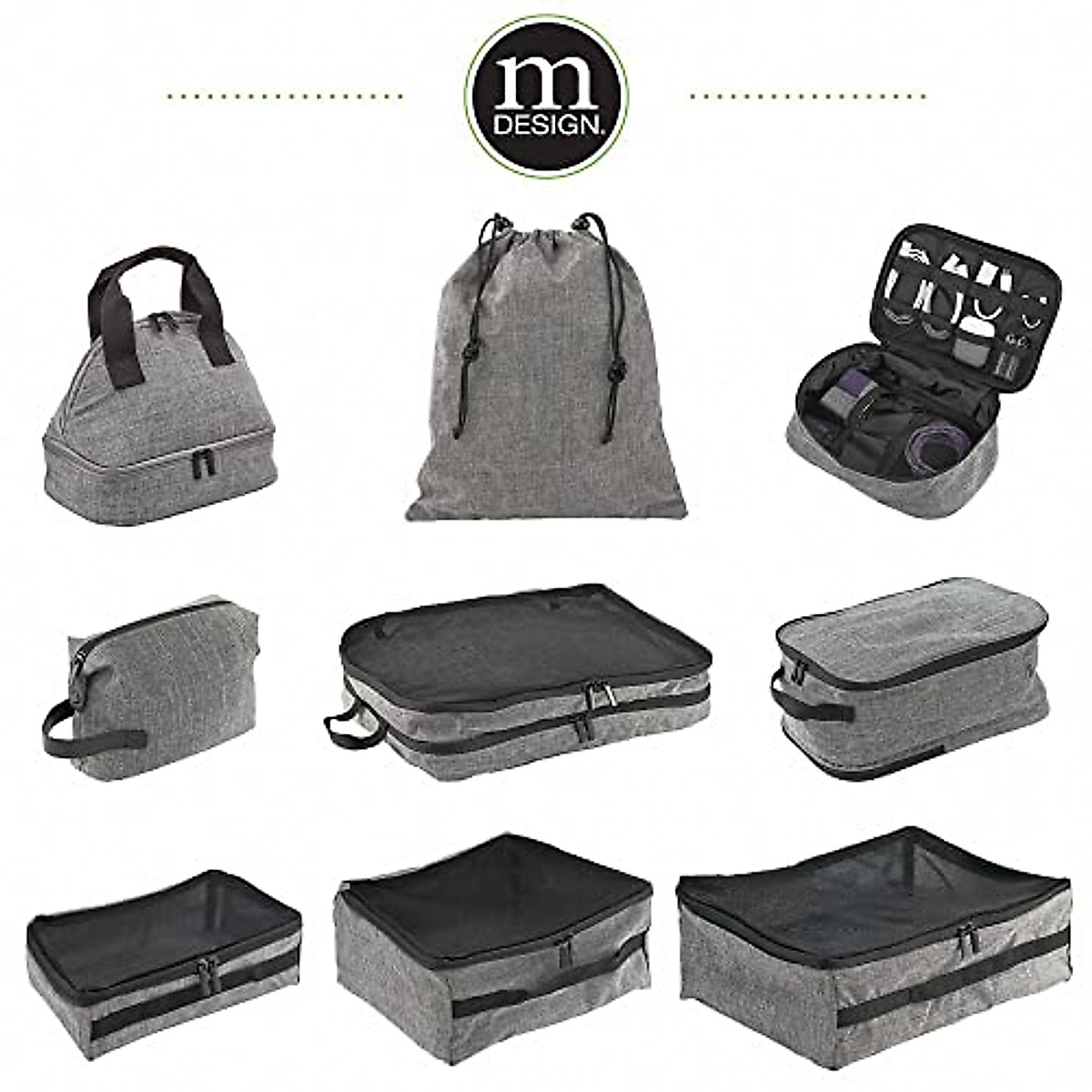 mDesign Portable Large Capacity Travel Bag with Draw String Closure, Water-Resistant for Laundry Room, College Dorm Room, Apartment, Gym, Sporting Events, School, Make-Up, Travel - 2 Pack - Gray