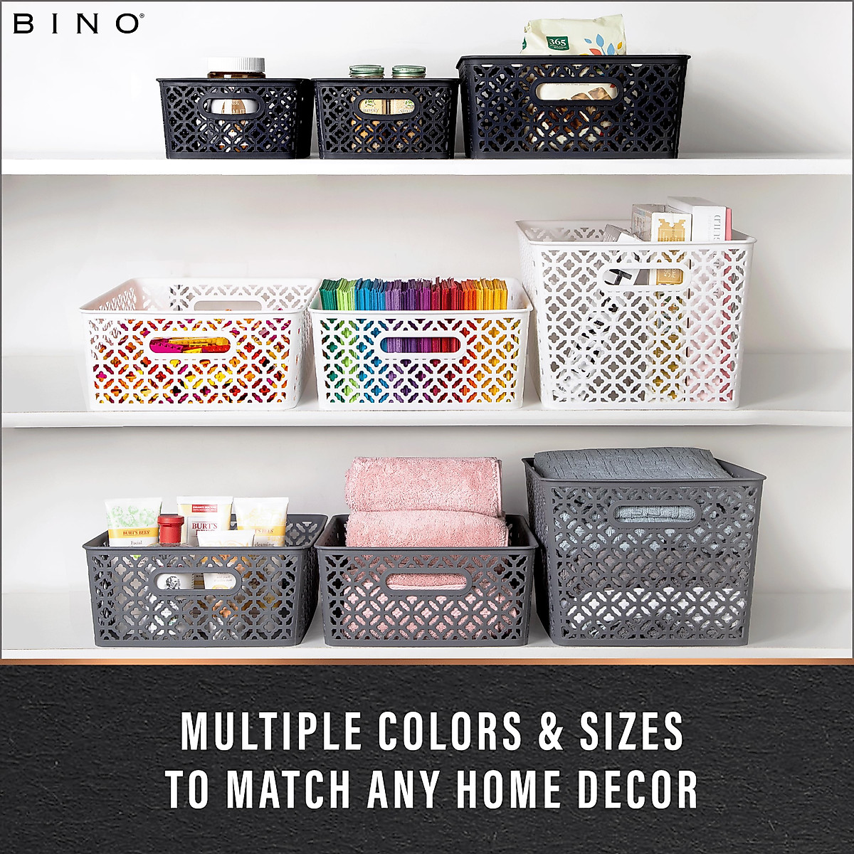 BINO l Plastic Storage Baskets, Medium - Black | THE BLOSSOM COLLECTION l Multi-Use Organizer Bin l Built-in Handles l Plastic Woven Basket for Organizing l Pantry & Home Organizing Basket