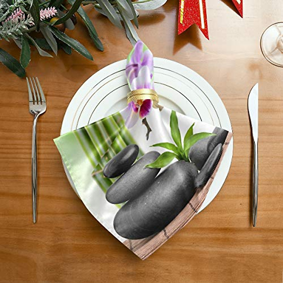 Pfrewn Spa Zen Garden Cloth Napkins Set of 1 Basalt Stones Orchid Dinner Napkins Solid Washable Reusable Polyester Table Napkins Oversized 20"X20" with Hemmed Edges for Home Weeding Decoration
