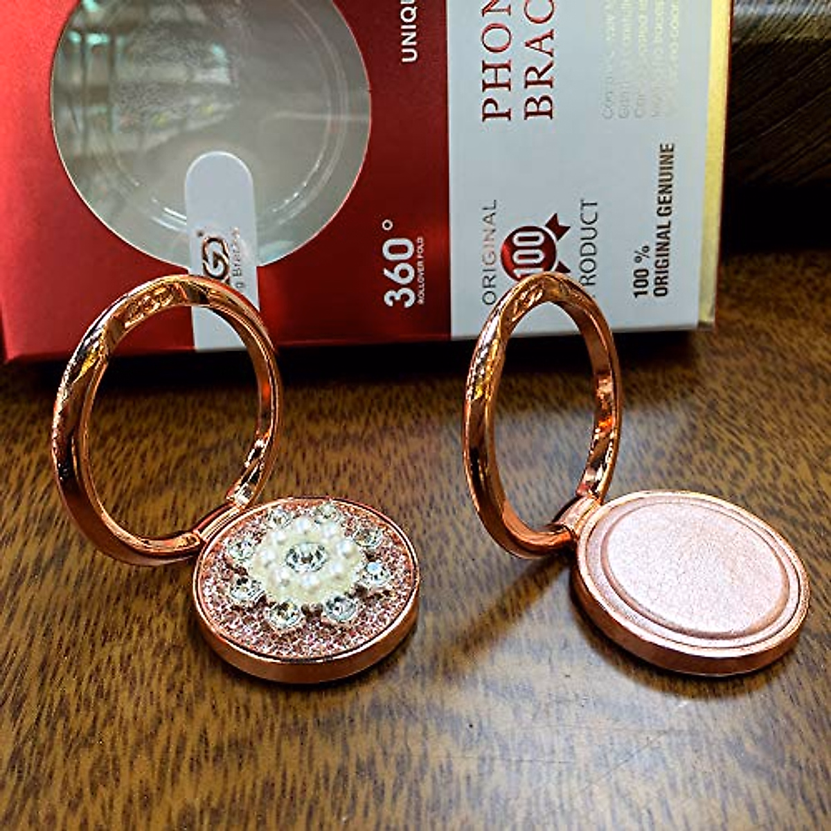 LGD 2 Pack Phone Finger Ring 360° Rotation Phone Grip : Snowflakes Pearl Diamond Style & Dermatoglyph Metal Ring Grip for Magnetic Car Mount Compatible with All Smartphone (Rose Goldfor)