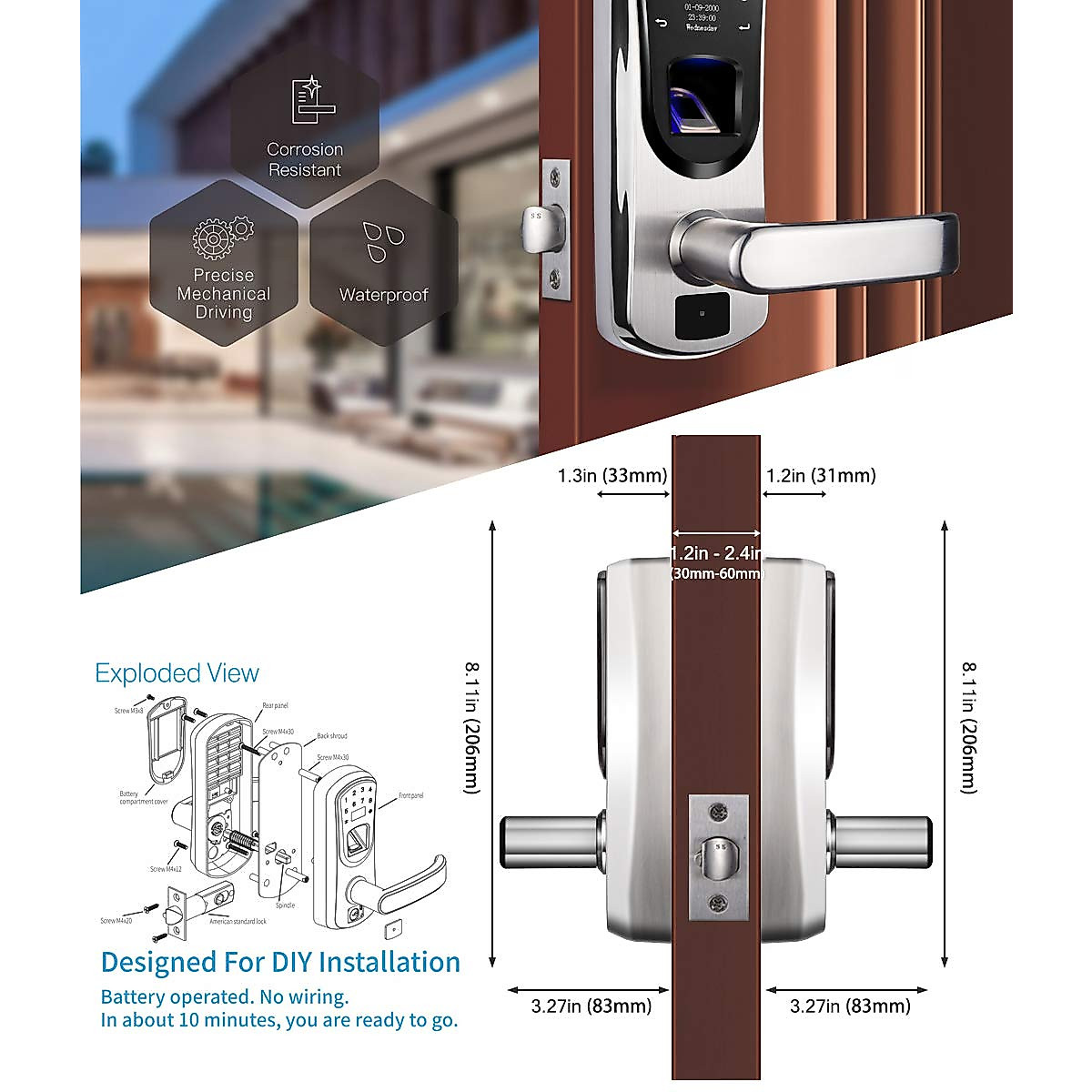 WeJupit V8 Fingerprint Keyless Entry Smart Door Lock Stainless Steel Touchscreen with Electronic Keypads, Spare Key, Two-Factor Authentication, Biometric Digital Auto-Lock, Right Handle Only