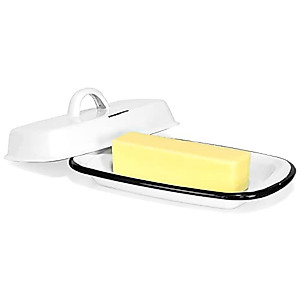 Red Co. 7.75” x 4.5” Enamelware Metal Cheese Server & Butter Dish Holder with Dome Lid, Distressed White/Black Rim