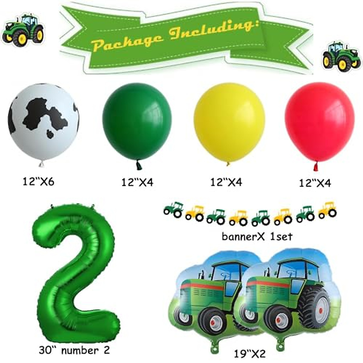 Tractor Balloons 2nd Birthday Party Decorations, Green Tractor with Farm Cow Animals Balloon Western Cowboy 2nd FarmTractor Theme Birthday Party Decorations