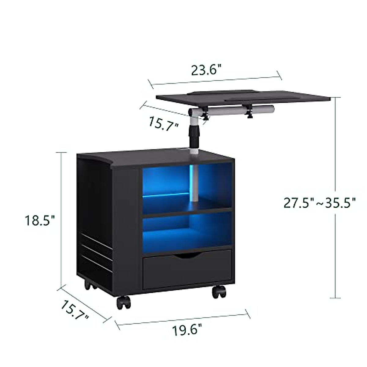 HNEBC Auto LED Nightstand with 2 USB Charging Station,Black Nightstand Has Adjustable Rotary Table, Bedside Tables with One Drawer and 2 Mezzanines/Infrared Induction 3 Color Lighting(On The Left)