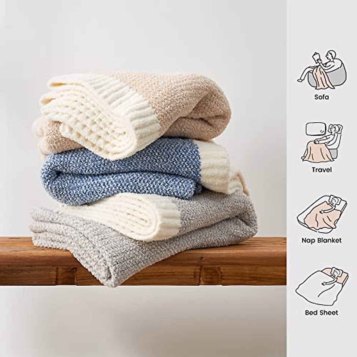 Snuggle Sac Heather Grey Throw Blanket for Couch, Reversible Throw Blanket Warm Cozy Knit Fuzzy Plush Lightweight for Sofa, Bed, Camping, Picnic, 50 x 60 inch