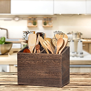 Wooden Kitchen Utensil Caddy With 2 Compartments, Rustic Kitchen Utensil Holder for Kitchen Countertop, Wood Utensil Crock Organizer Box for Farmhouse Kitchen Decor