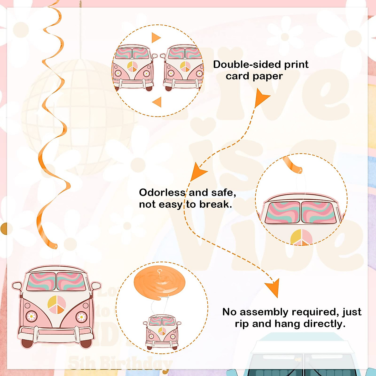 K KUMEED Groovy 5th Birthday Party Decorations,Five is A Vibe Hanging Swirl Decorations Hippie Rainbow Daisy Flower for Girls Groovy 5 Years Old Birthday Party