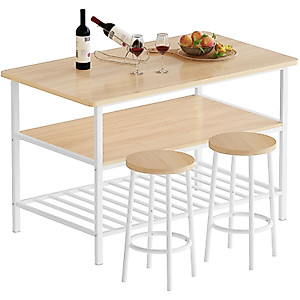 AWQM Island Table with Seating and Storage, Beige, 3 Shelves, Wooden Counter Height Table Top, 2-piece Bar Table Set for Small Space
