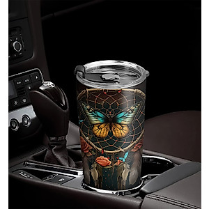 20oz Dream Catcher Butterfly Tumbler Cup, Insulated Travel Cup with Lid, Coffee Thermos for Women, Gifts for Women, Birthday Gifts for Mom, Daughter, Sister, Friends, Girlfriends, Coworker