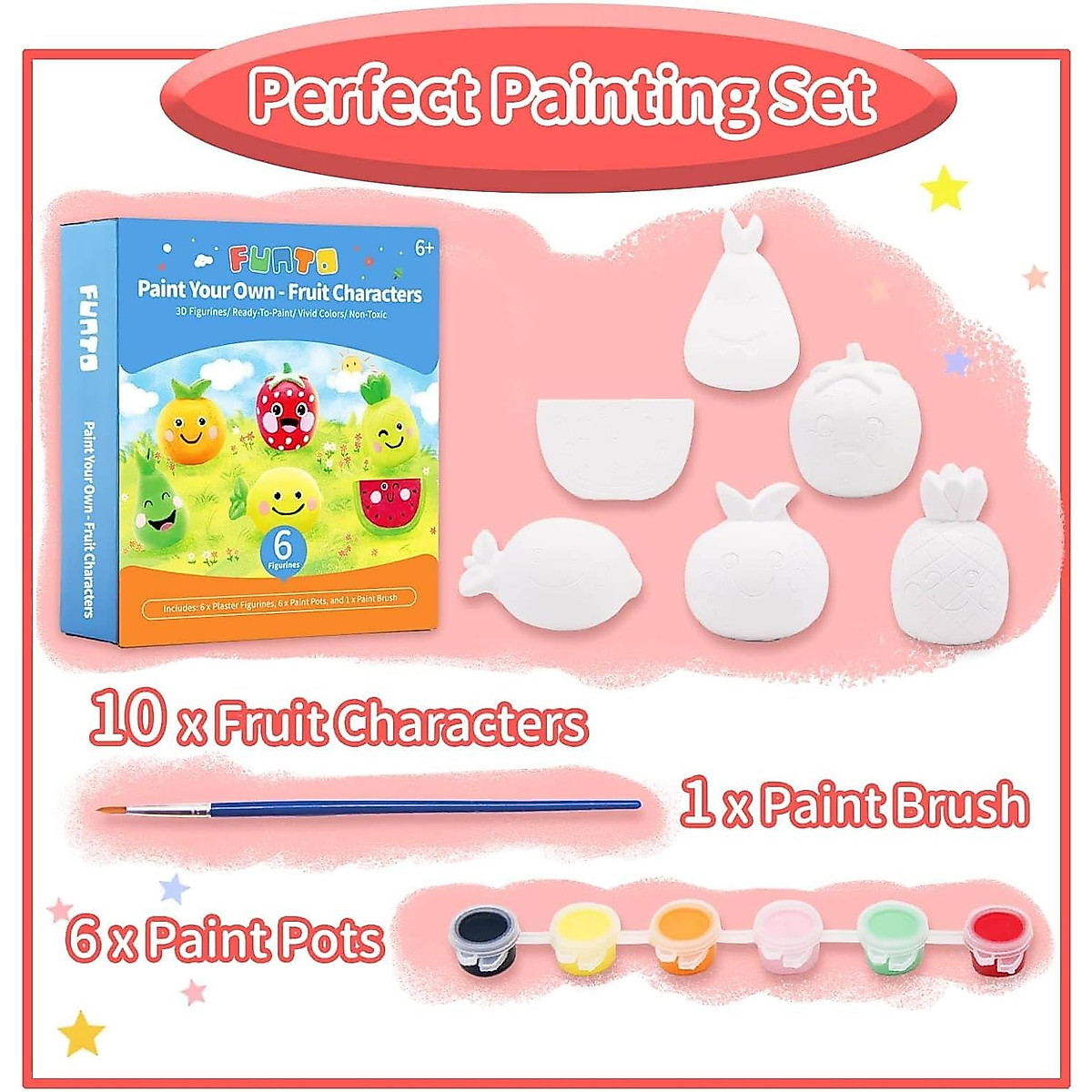 Funto Paint Your Own Fruits Painting Kit, 13 PCS Crafts Set for Kids, STEAM Project Creative Activity DIY Toys with 6 Figurines, 6 Paint Pots, 1 Brush