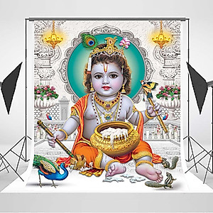 MingTian Baby Lord Krishna Tapestry Backdrop 7x5 Vinyl Indian Lord Child Bal Krishna Poster Background for Living Room Baby Krishna