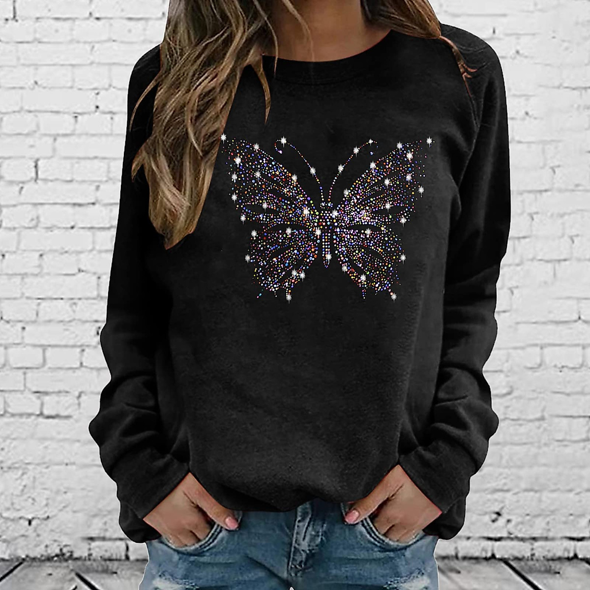 Front Botton Blouses Women Womens Sweatshirt Trendy Graphic Printed Long Sleeve Sweatshirts Crew Neck Winter Pullovers Cute Tees(Black-1,Large)