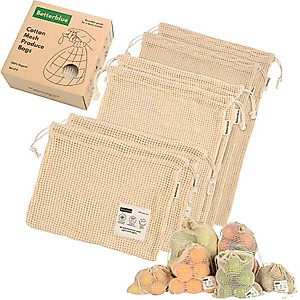 Betterblue 100% Organic Cotton Produce Bags, Reusable & Eco Friendly, Set of 6