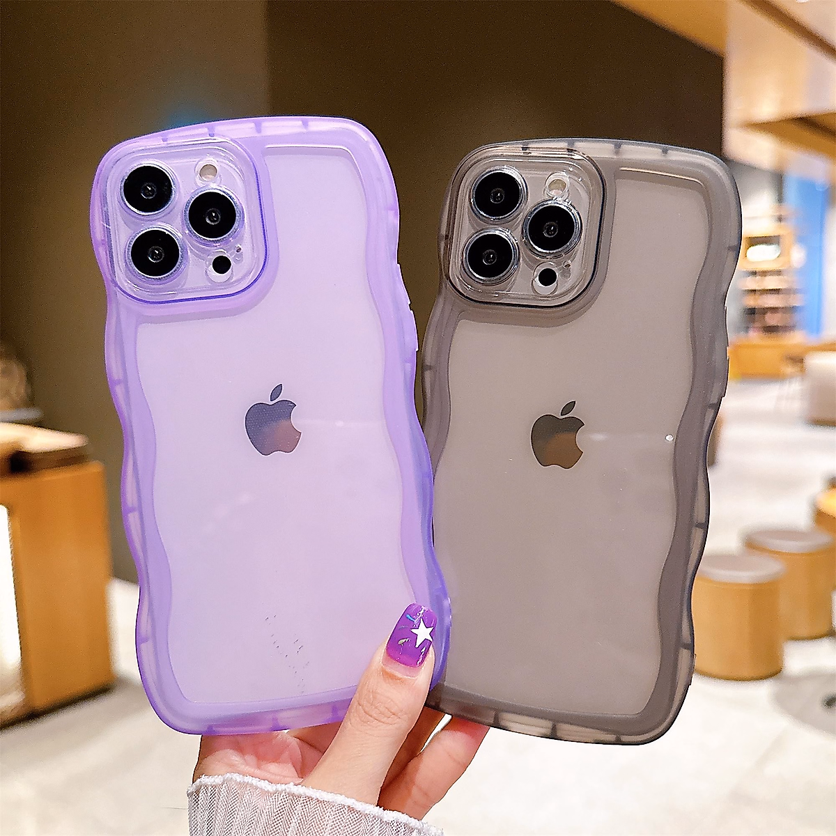 SKYLMW Compatible with iPhone 14 Pro Max Case 6.7" 2022, Cute Kawaii Curly Wave Frame Shape Soft Silicone Shockproof Protective Phone Cover for Women Girls, Clear/Purple