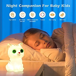 Fundoo Cute Cat Night Light, Rechargeable Kitty Night Light for Kids Room, Multicolor LED Cat Lamp Nightlight Gift for Adults Women Teen Baby Children Girls Boys