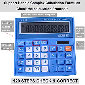Office Desk Calculator 12 Digits with Solar Power and Easy to Read HD LCD Display, Big Buttons, for Financial Affairs,Home, Office, School, Class and Business,with Battery,Blue