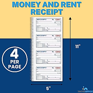 1InTheOffice Money and Rent Receipt, Carbonless Rent Receipt Book, Receipt Book, 2-Part, 4.75" x 2.75", 200 Sets/Book
