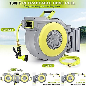 Bietor Retractable Garden Hose Reel 1/2 Inch x 130 ft + 6 ft, Wall Mounted Water Hose Reel, with 9 Pattern Hose Nozzle, Slow Return System, Any Length Lock, 180°Swivel Bracket