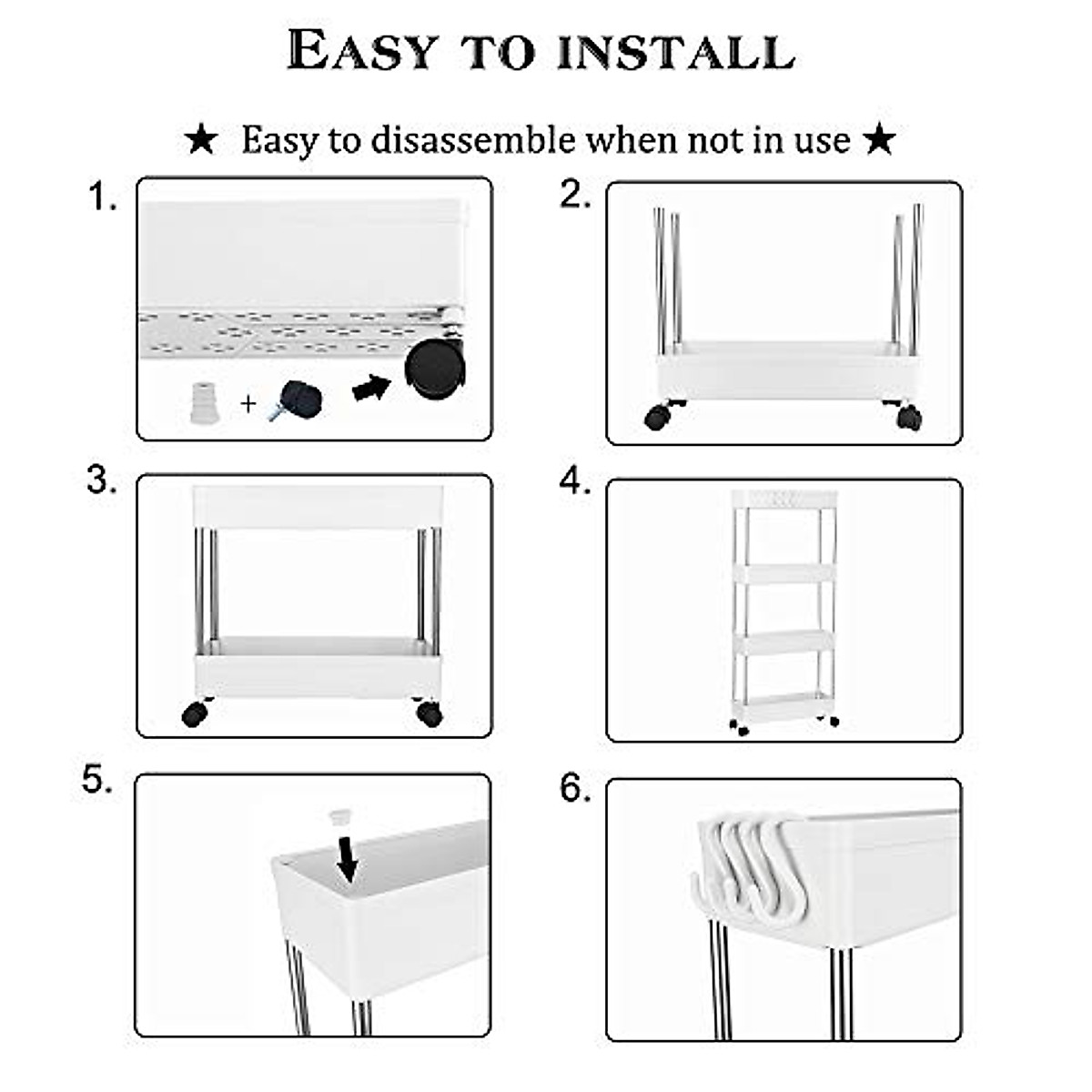 YooFZler 4 Tier Slim Storage Cart Mobile Tower Rack Rolling Shelving Unit Storage with Casters Wheels&4 Side Hoops for Kitchen Bathroom Laundry Room, White