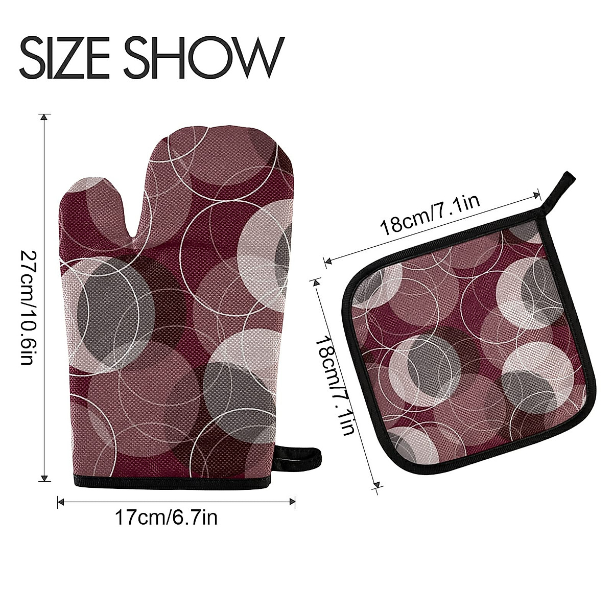 Poeticcity Retro Rings Maroon Grey Fuchsia Circles Oven Mitts Pot Holders Sets, Potholder Hot Pads Heat Resistant Kitchen Oven Gloves for Cooking Baking Grilling Barbecue