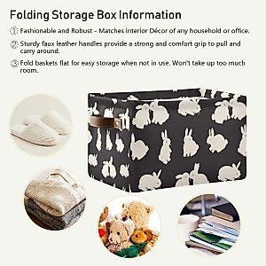 HMZXZ Cute Rabbit Bunny Canvas Fabric Storage Basket Collapsible Toys Storage Bin with PU Leather Handles Basket Box Organizer for Wardrobe Closet Shelves Organiser