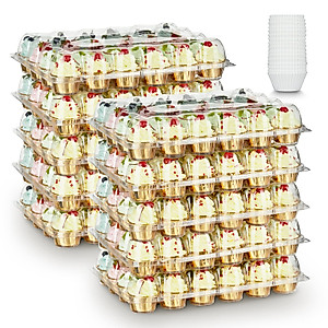 (24 Pack x 10 Sets) Gencywe Stackable Cupcake Carrier Holders with 240 Pack Cupcake Liners, Plastic Cupcake Boxes Holders for 24 Cupcakes, High Tall Dome Lid Cupcake Containers, Clear Disposable Cupcake Trays
