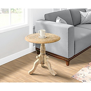Homxi End Table 18" L x 18" W x 18" H,Intricately Carved Round Top Mango Wood Side End Table with Pedestal Base, Brown and White End Table for Living Room