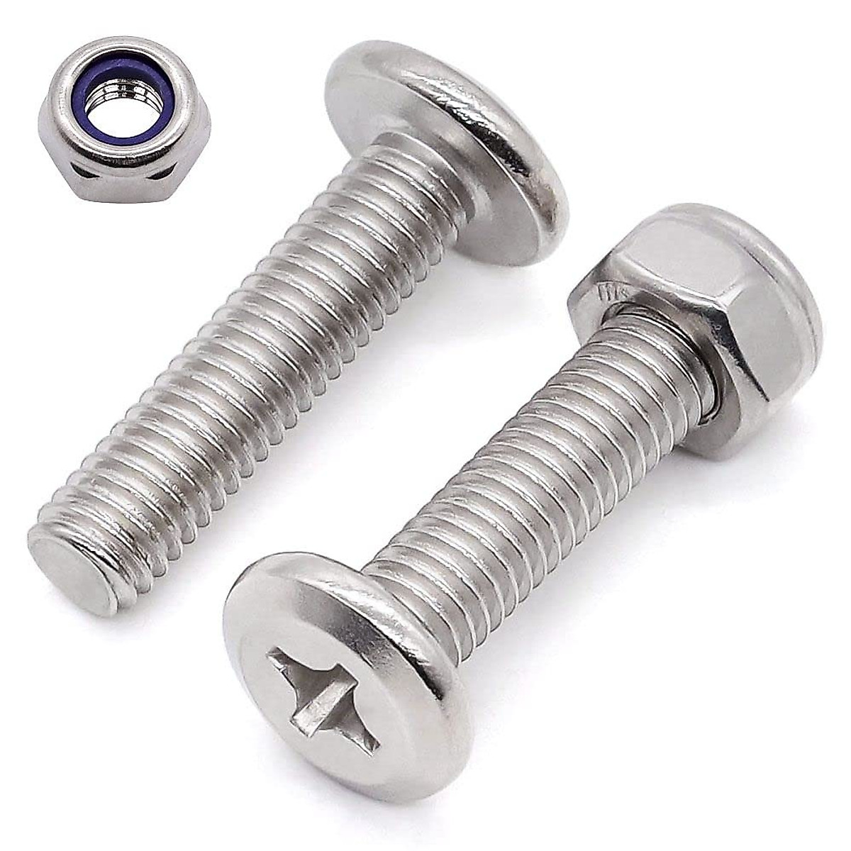 Glvaner (20 sets) M6-1.0 x 10mm Stainless Steel (304) Flat Round Head Machine Screws and M6-1.0 Hex Locknuts with Blue Nylon Insert Furniture Table Shelf Screw Hardware Assortment