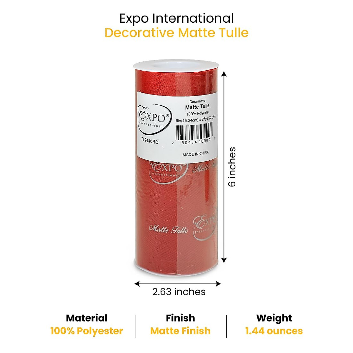 Expo International Decorative Matte Tulle, Roll/Spool of 6” X 25 Yards, Lightweight Polyester Tulle Fabric for Tutus, Costumes, and Party Decorations, Washable, Easy-to-Use, Pack of 1, Red