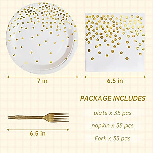 WXLDGHQ White and Gold Paper Plates Napkins Party Supplies,Disposable Gold Dot Paper Dessert Plates,105 PCS Birthday Plates and Napkins Party Supplies for Wedding(Serves 35 Guests 7")