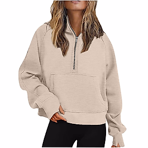 Free People Tops for Women Dupes for Women Clothes Womens Half Zip Sweatshirts Plus Size Cropped Thumb Sleeve Hoodies Fleece Quarter Zip Up Pullover Sweaters 2024 Fall Outfits Khaki XXL