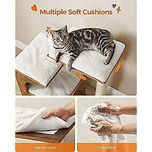 FEANDREA 33.9-Inch Cat Tower, Medium Cat Tree with 3 Beds and Cave, Cat Condo Made of MDF with Wood Veneer, Sisal Post and Washable Faux Fur, Vintage, Rustic Brown and White UPCT70HW