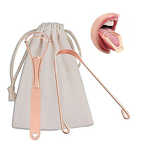 2Pcs Copper Tongue Scraper, Tongue Cleaner Set for Adults Kids, Stainless steel Wide Double Blades Oral Tongue Brush Cleaning Scrapping Sweeper for Fresh Breath and Mouth Hygiene Care with Travel Bag