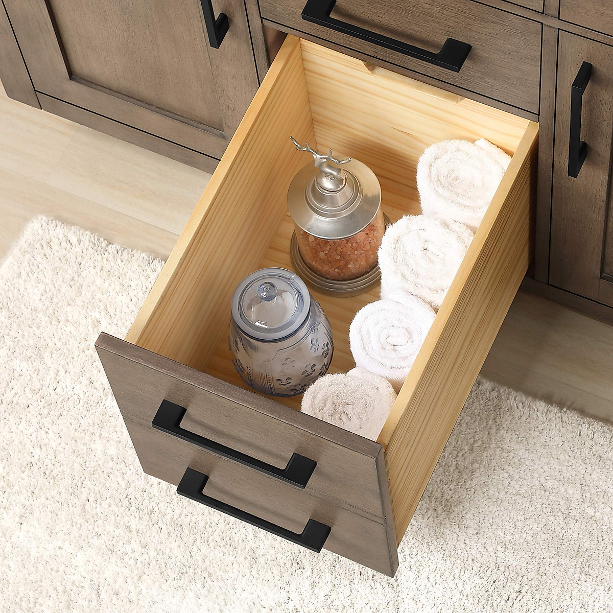 OVE Decors Maya Plus 42 in. Single Sink Bathroom Vanity in Almond Latte Finish, Black Hardware and Included Power Bar