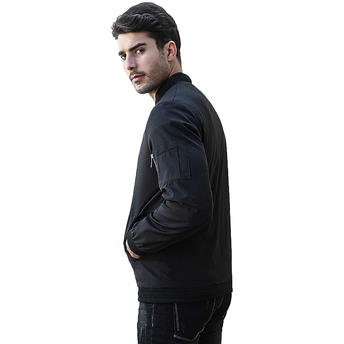 sandbank Men's Slim Fit Lightweight Softshell Flight Jacket Coat (US L =Asian tag 4XL,Black #2)