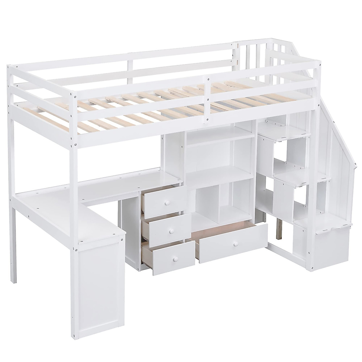 Bellemave Twin Size Loft Bed with Desk and Stairs Wood Loft Beds with Storage Cabinet and Bookcase High Loft Bed Frame with Staircase Shelves for Kids, Teen, Boys, Girls, White
